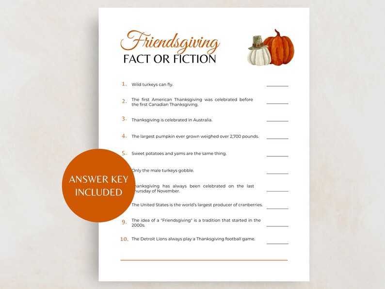 Friendsgiving Fact or Fiction Game, Printable Thankgiving Trivia Game ...