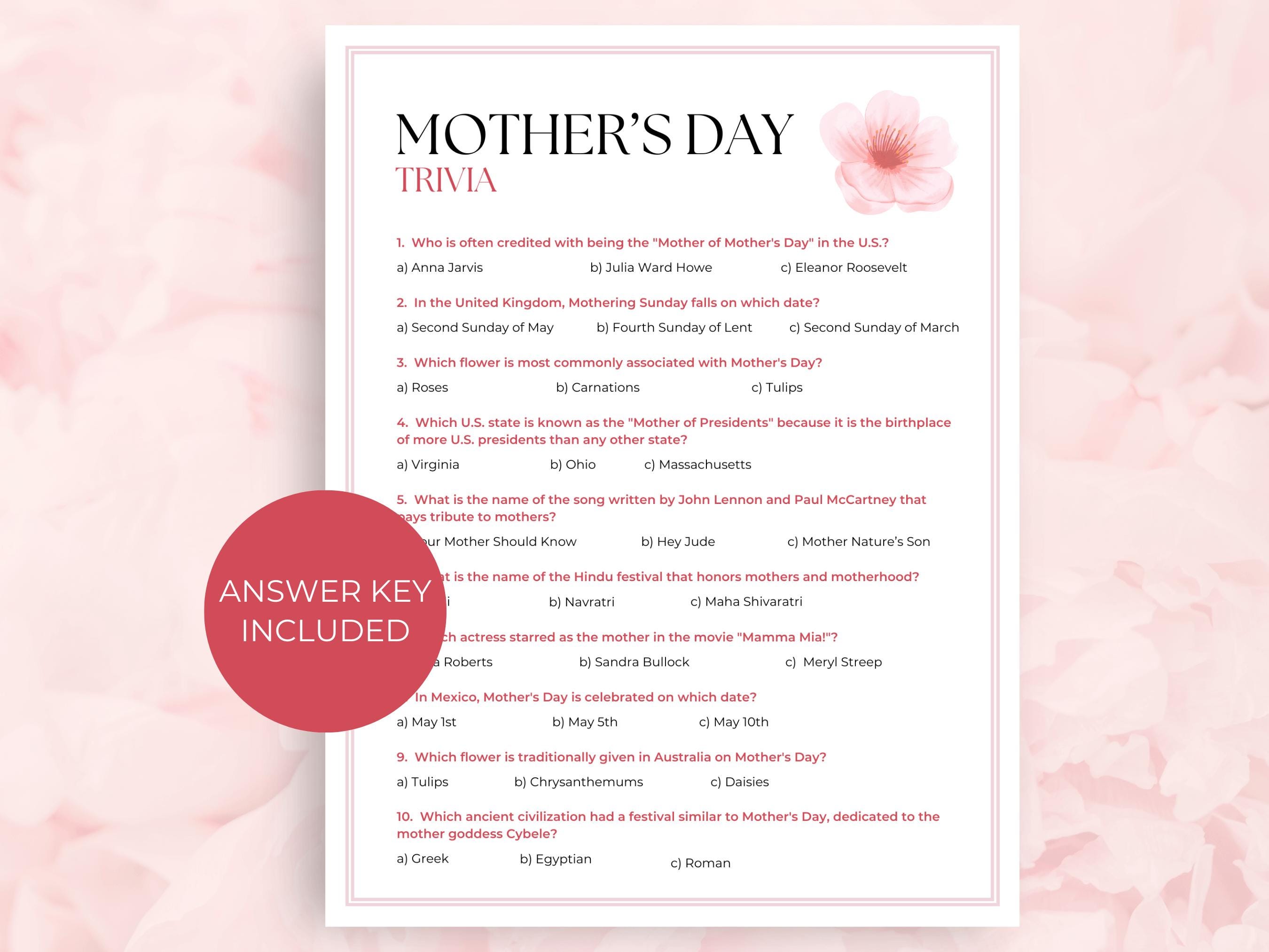 Mother's Day Trivia Game, Printable Mom Trivia, Fun Mother's Day ...