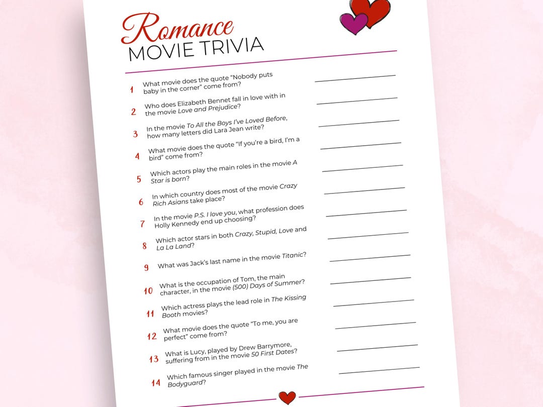 Romance Movie Trivia Game, Printable Valentine's Day Movie Trivia Quiz ...