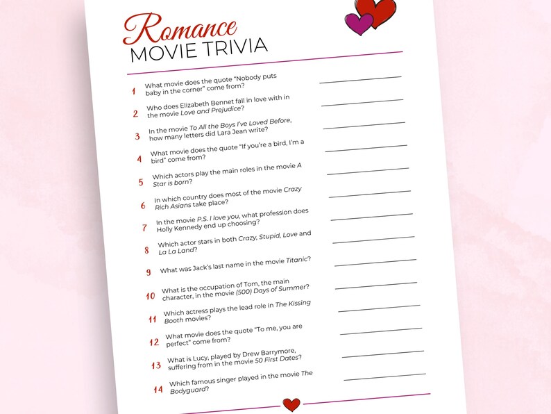 Romance Movie Trivia Game, Printable Valentine's Day Movie Trivia Quiz ...