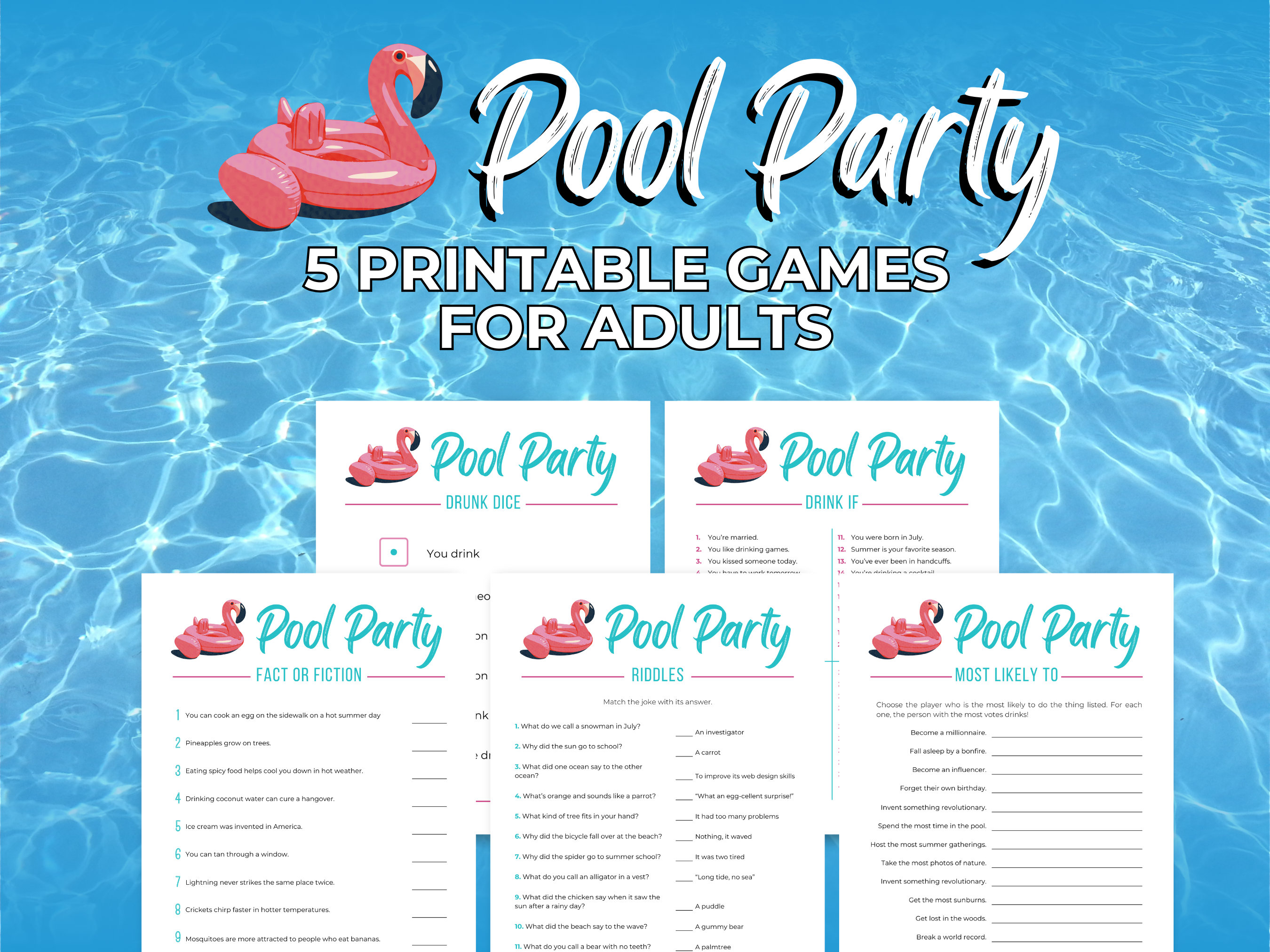 Pool Party Games for Adults, 5 Printable Summer Party Games, Pool Party ...