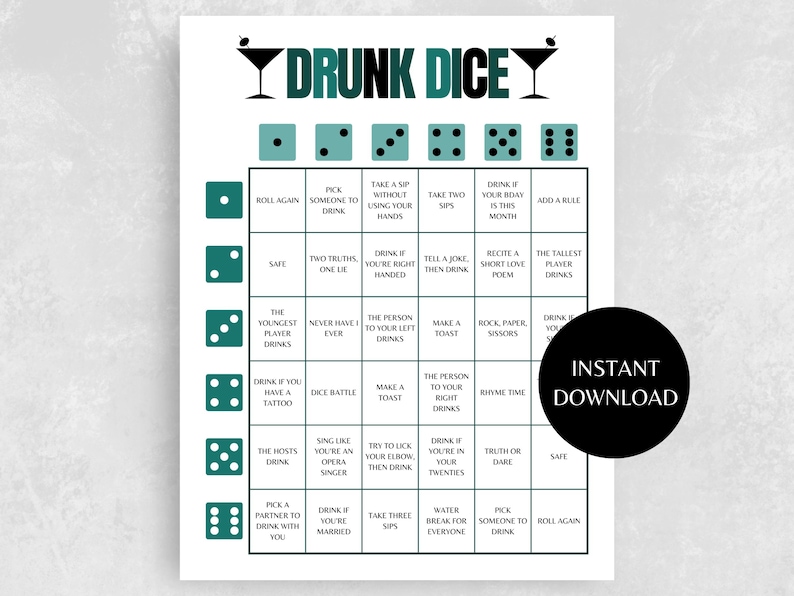 Drinking Dice Game, Printable Drinking Party Game, Fun Drunk Dice Game ...