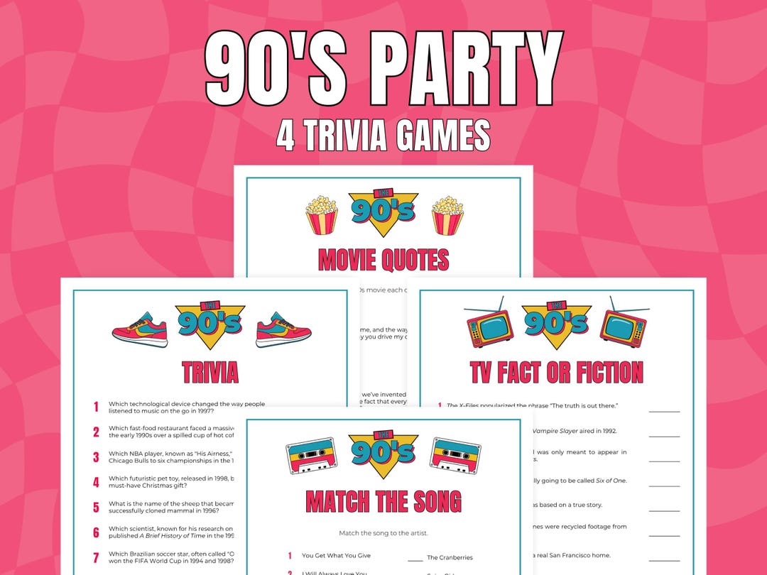 90s Trivia Games, 4 Printable 90s Themed Party Trivia Games, Fun 90s ...