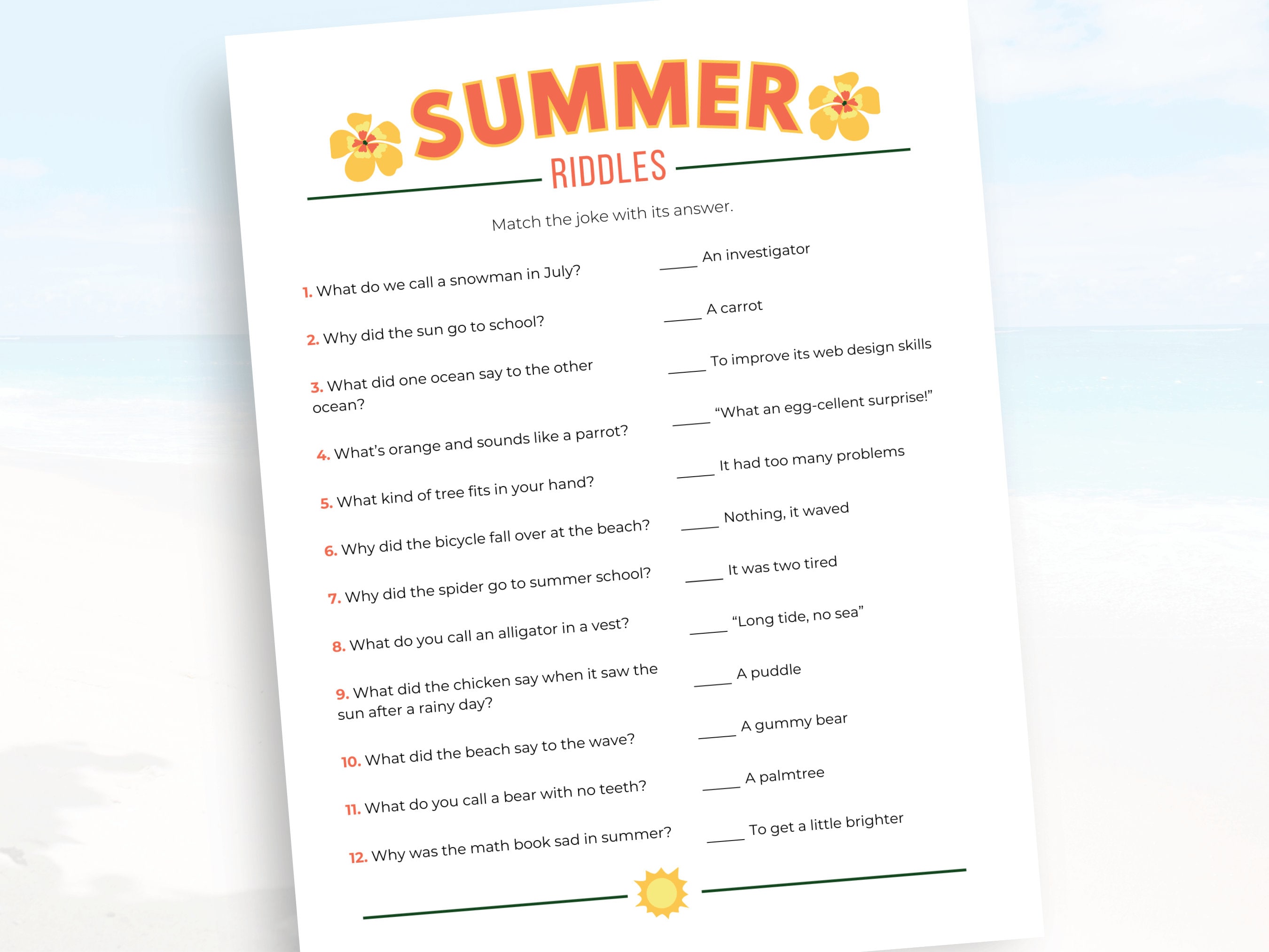 Summer Riddles, Fun Printable Summer Riddle Me This Game for Kids and ...