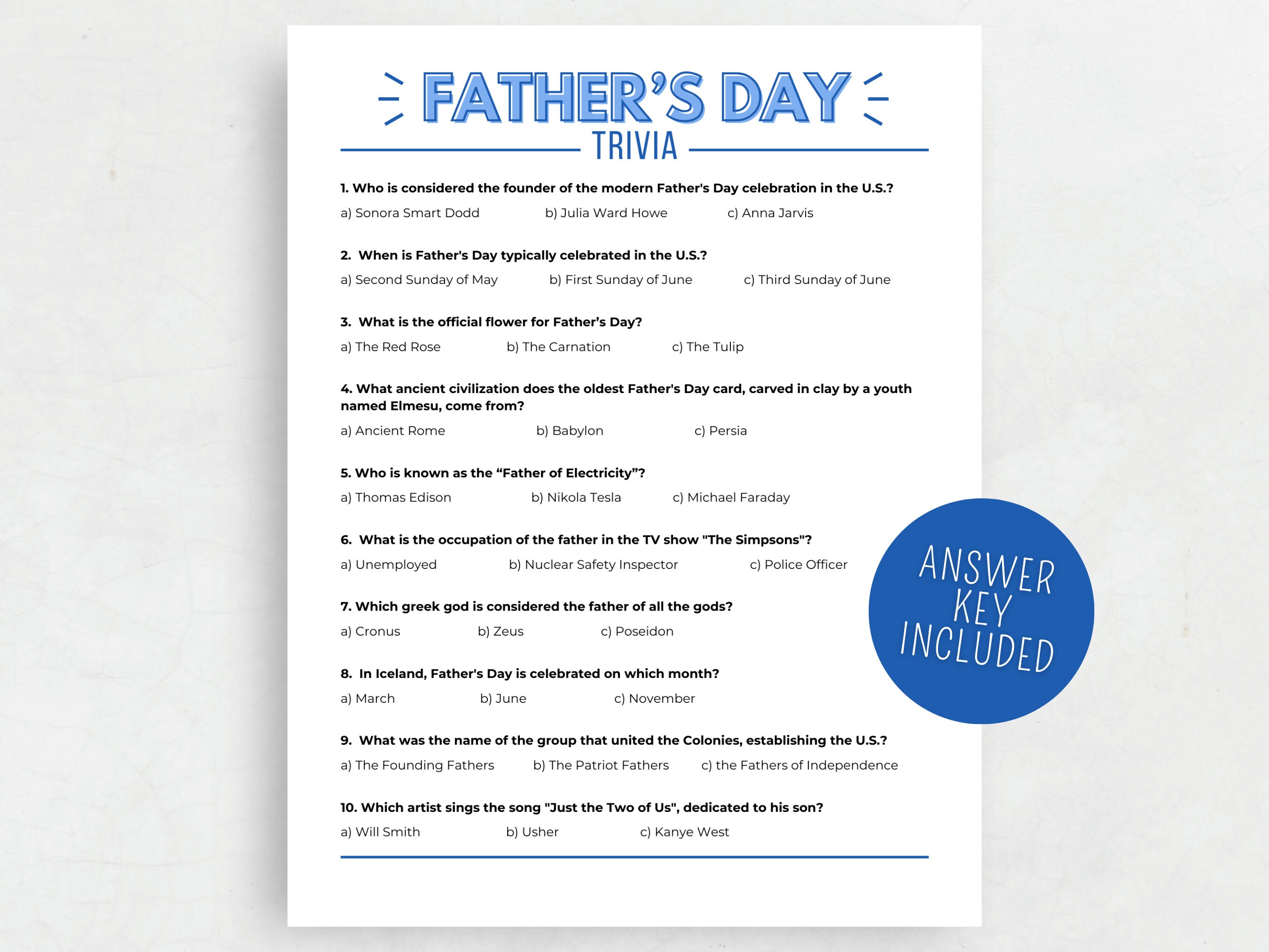 Father's Day Trivia Game, Printable Father's Day Activity, Father's Day ...