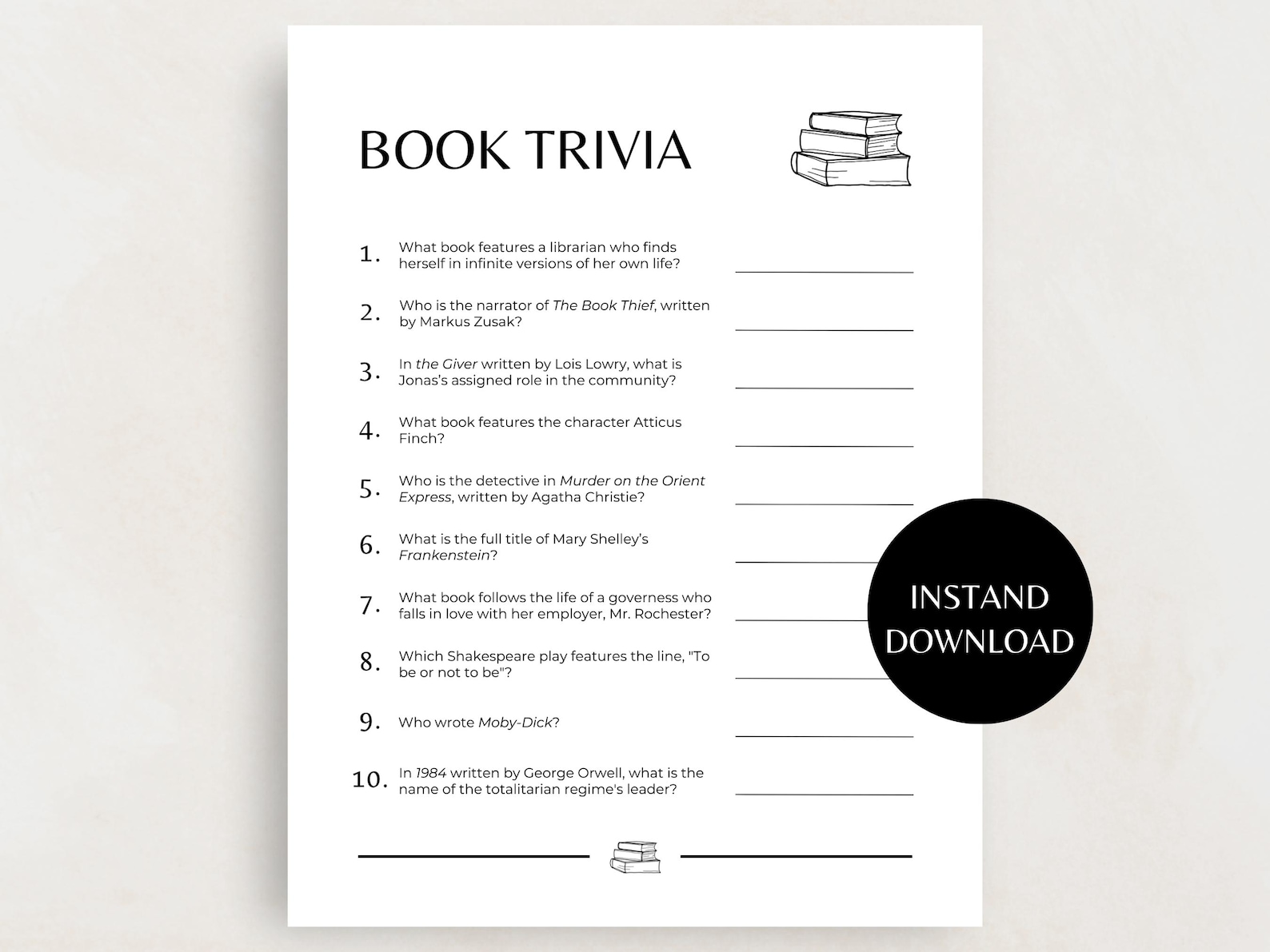 Book Trivia Game, Printable Book Club Game, Book Quiz Game, Fun Game ...