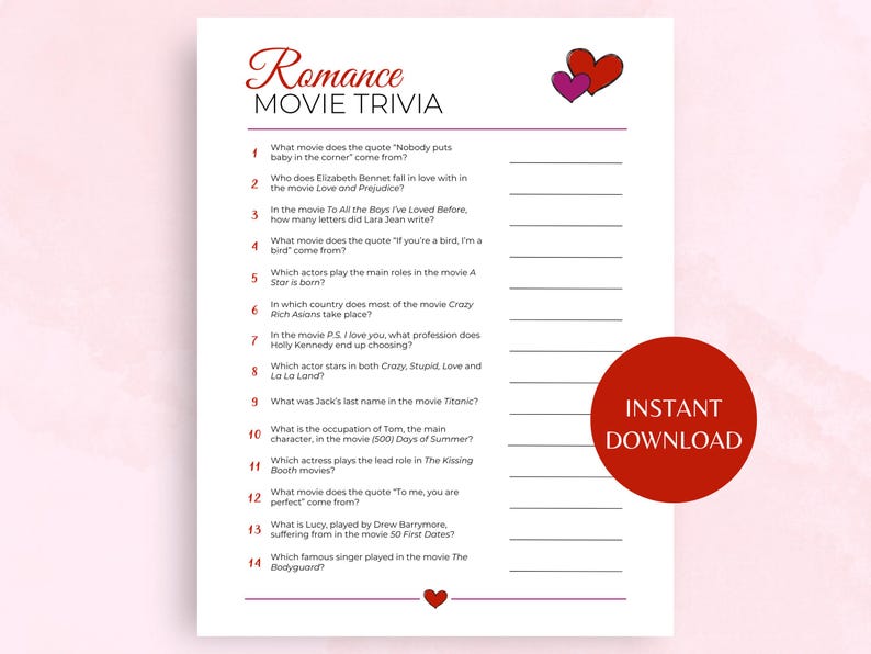 Romance Movie Trivia Game, Printable Valentine's Day Movie Trivia Quiz ...