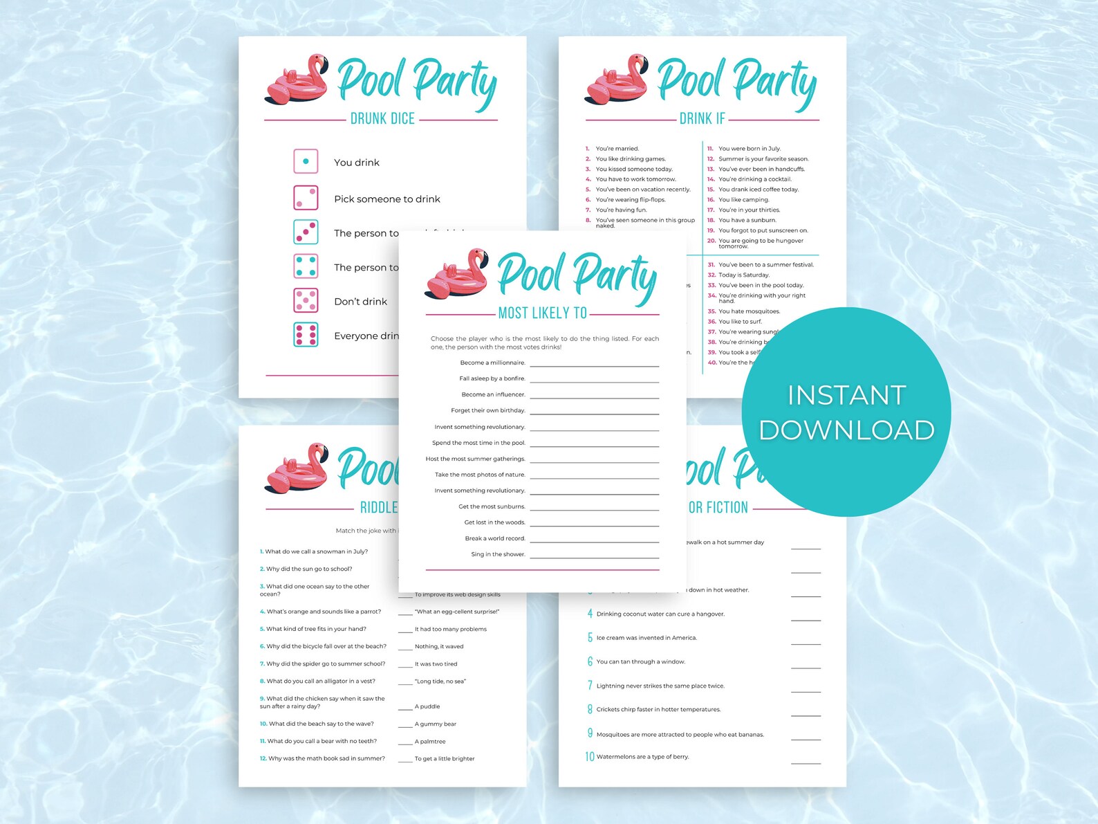 Pool Party Games for Adults, 5 Printable Summer Party Games, Pool Party ...