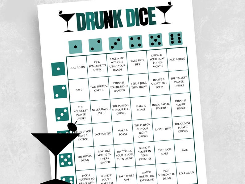 Drinking Dice Game, Printable Drinking Party Game, Fun Drunk Dice Game ...