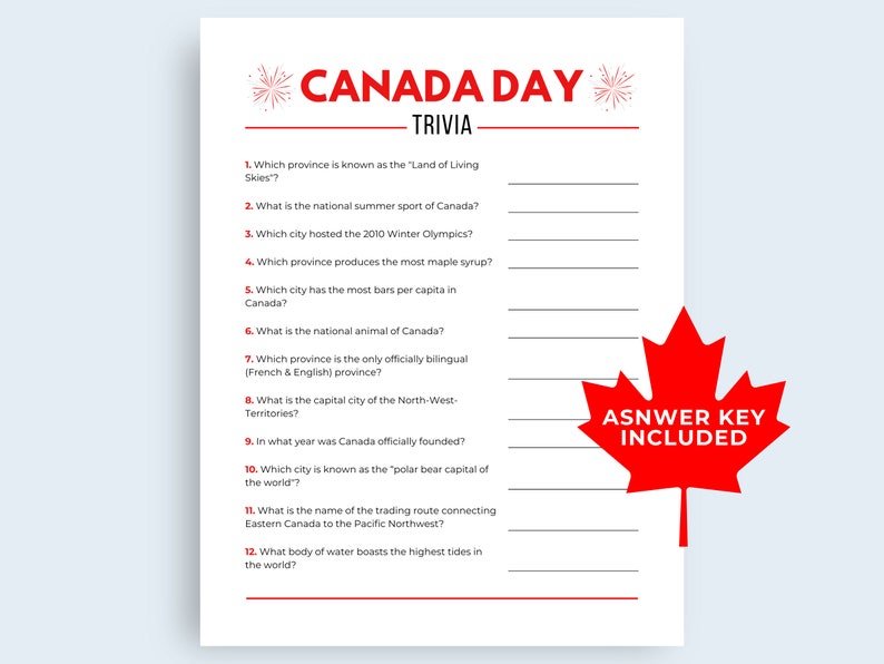 Canada Day Trivia Game, Printable Canada Day Activity for Kids and ...