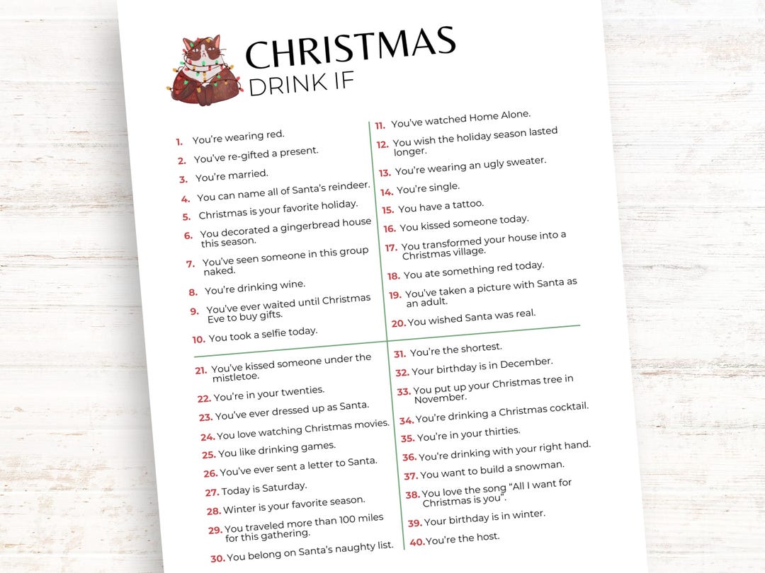 Christmas Drinking Game, Fun Printable Christmas Party Drink If Game ...