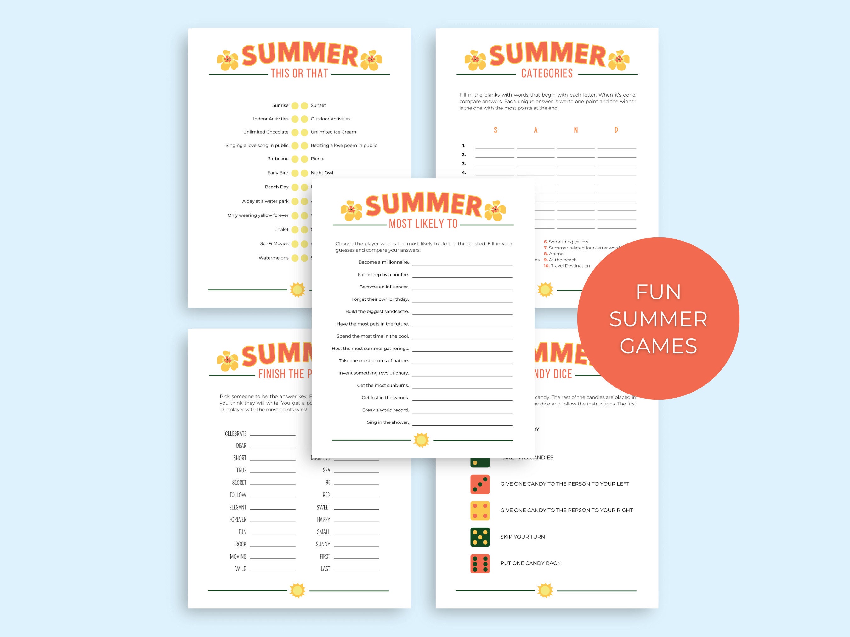 Summer Games, 10 Printable Summer Party Games for Kids and Family ...