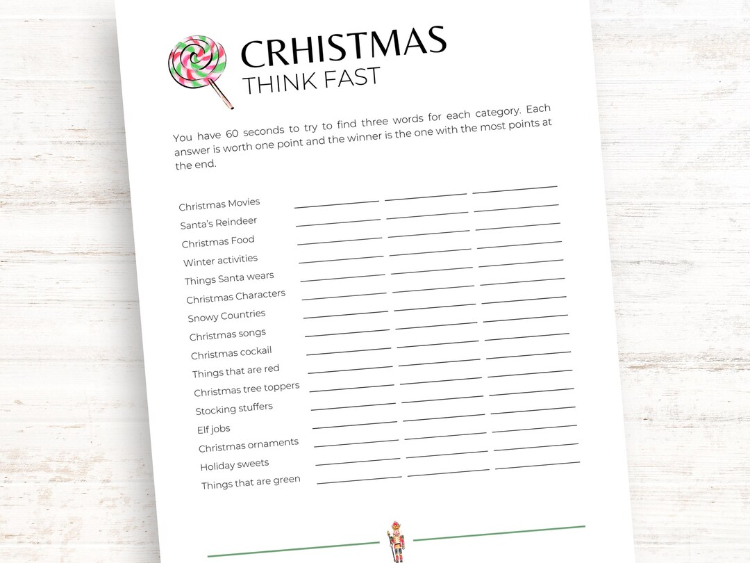 Christmas Think Fast Game, Fun Christmas Game for Family, Printable ...