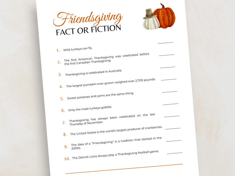 Friendsgiving Fact or Fiction Game, Printable Thankgiving Trivia Game ...