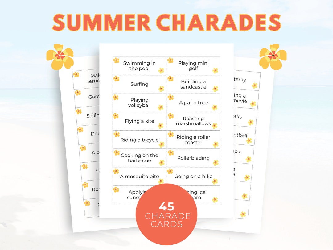 Summer Charades, 45 Summer Charade Cards + 3 Blank Cards, Fun Printable ...