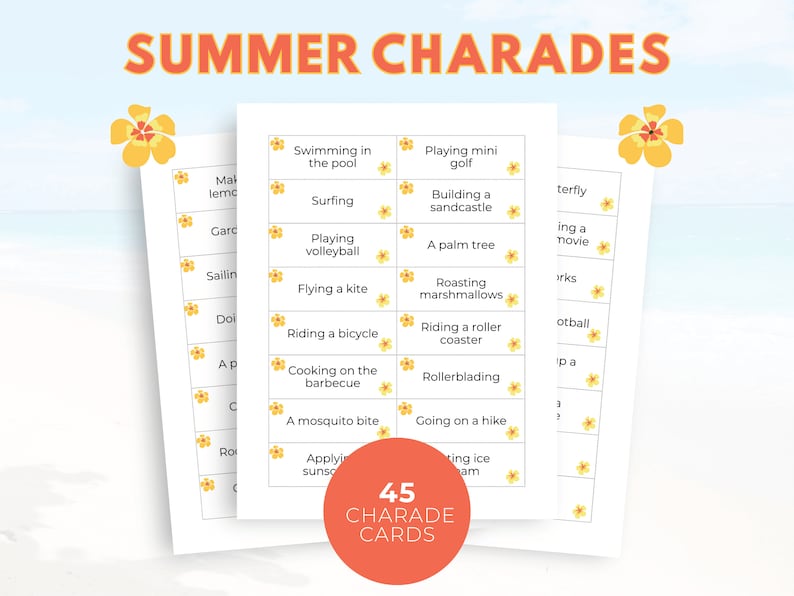 Summer Charades, 45 Summer Charade Cards + 3 Blank Cards, Fun Printable ...