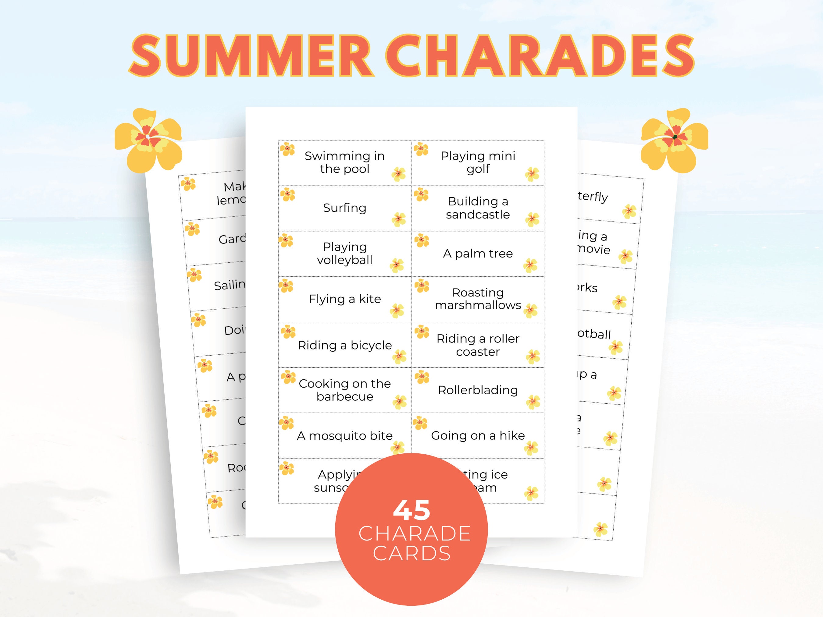 Summer Charades, 45 Summer Charade Cards + 3 Blank Cards, Fun Printable ...