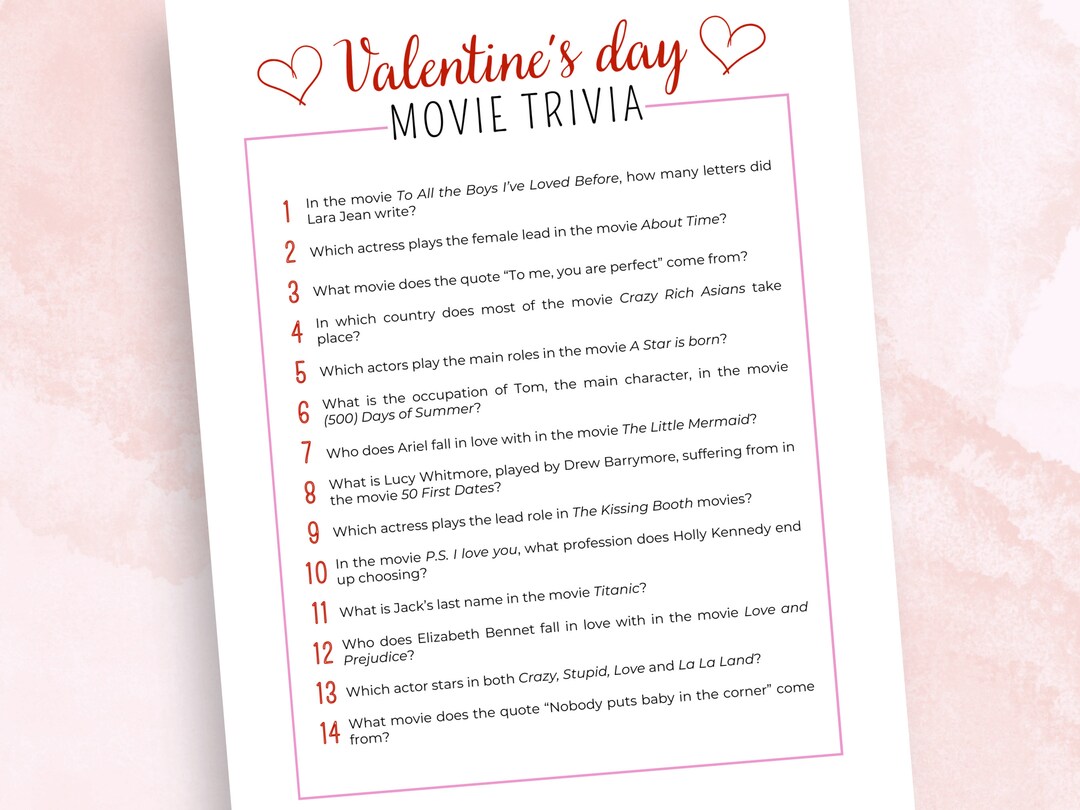 Valentine's Day Movie Trivia Game, Printable Valentine's Day Game, Fun ...