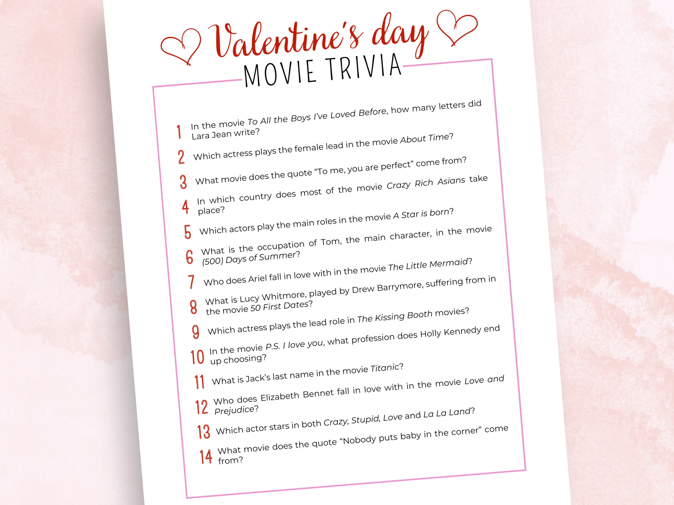 Valentine's Day Movie Trivia Game, Printable Valentine's Day Game, Fun ...