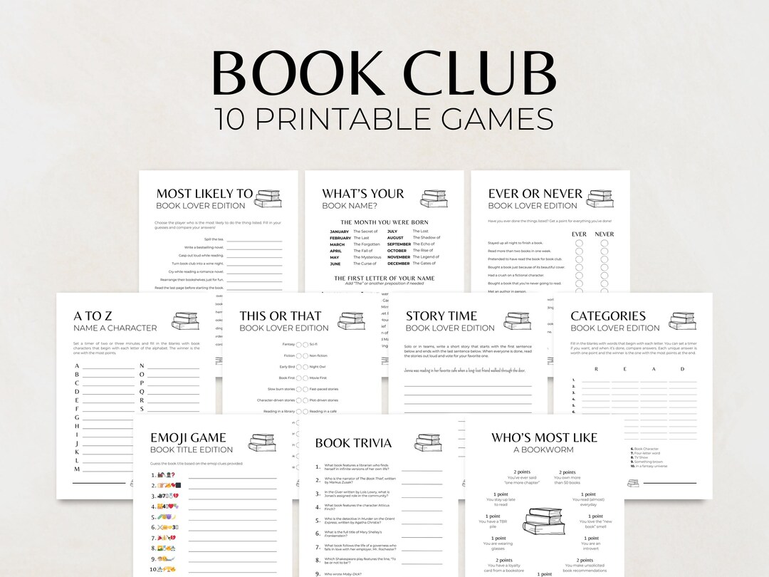 Book Club Games, 10 Printable Book Club Activities, Fun Games for Book ...