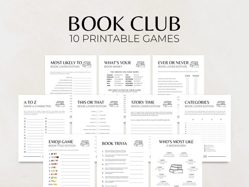 Book Club Games, 10 Printable Book Club Activities, Fun Games for Book ...