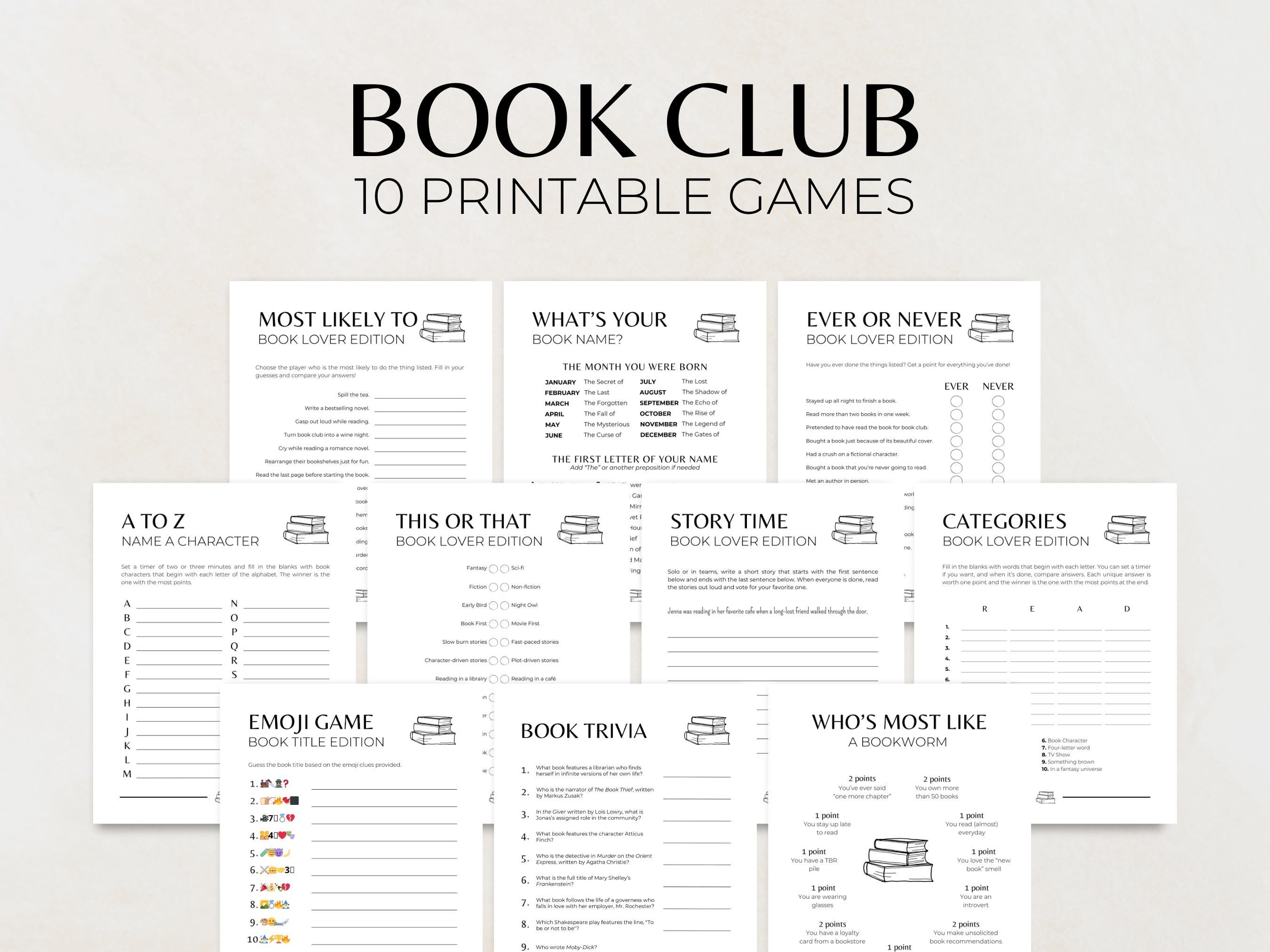 Book Club Games, 10 Printable Book Club Activities, Fun Games for Book ...