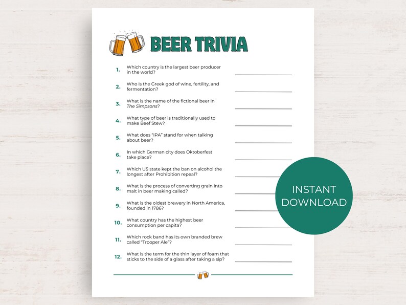 Beer Trivia Game, Printable Beer Themed Party Game, Beer Trivia Game ...