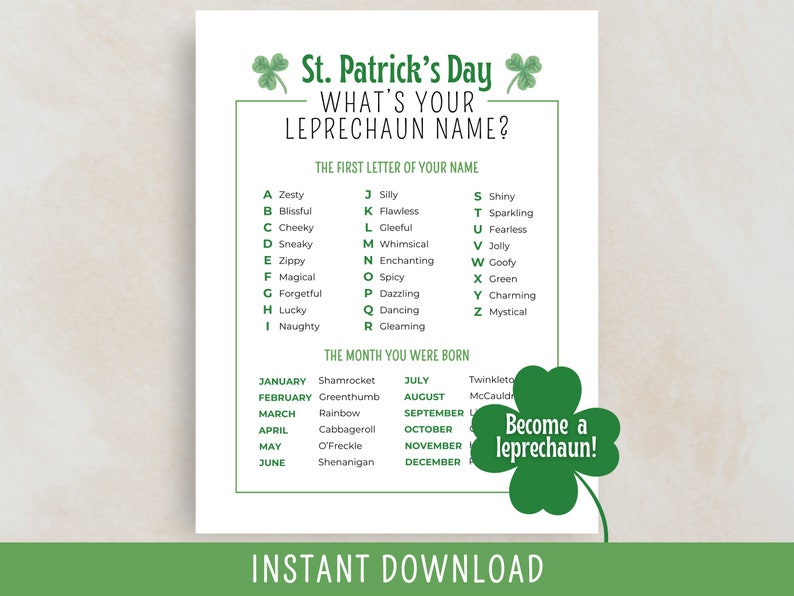 St Patrick’s Day What's Your Leprechaun Name Game With Name Tags, Fun ...