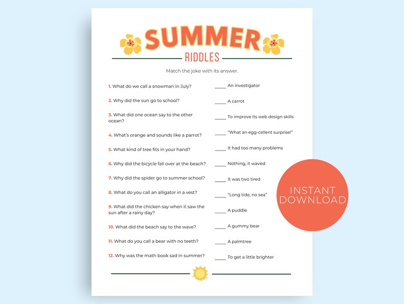 Summer Riddles, Fun Printable Summer Riddle Me This Game for Kids and ...