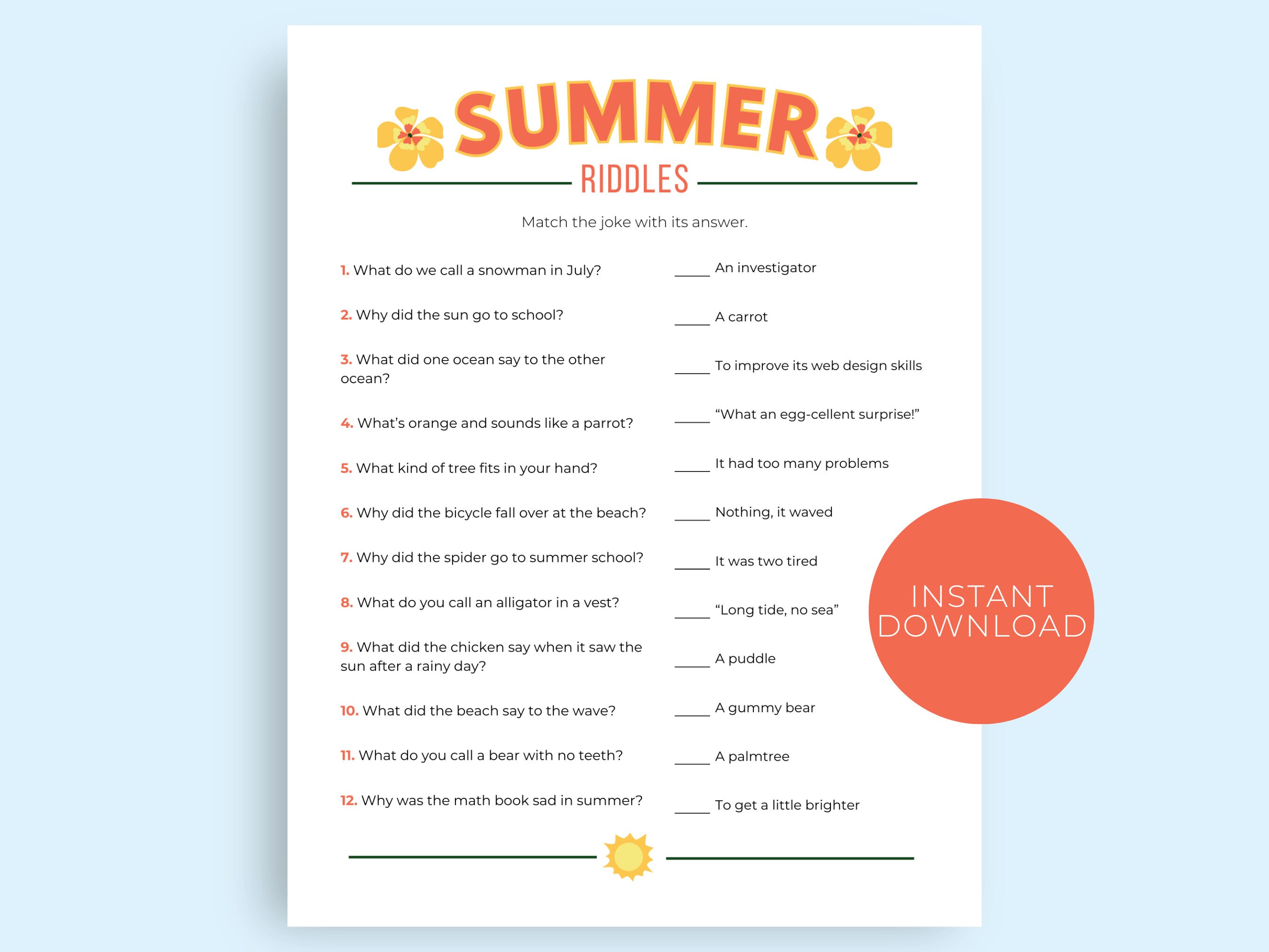 Summer Riddles, Fun Printable Summer Riddle Me This Game for Kids and ...