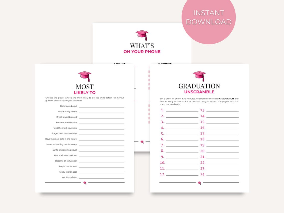 Pink Graduation Party Games, 10 Printable 2025 Graduation Games for a ...