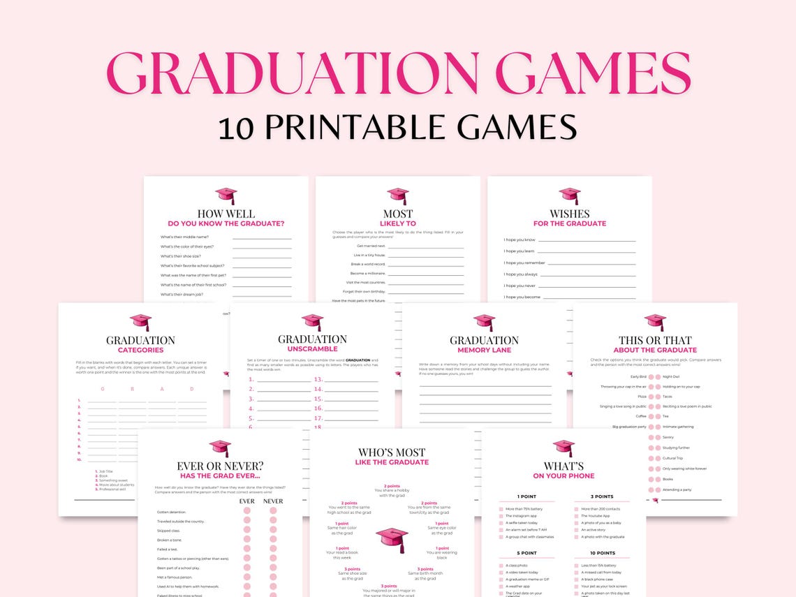 Pink Graduation Party Games, 10 Printable 2025 Graduation Games for a ...