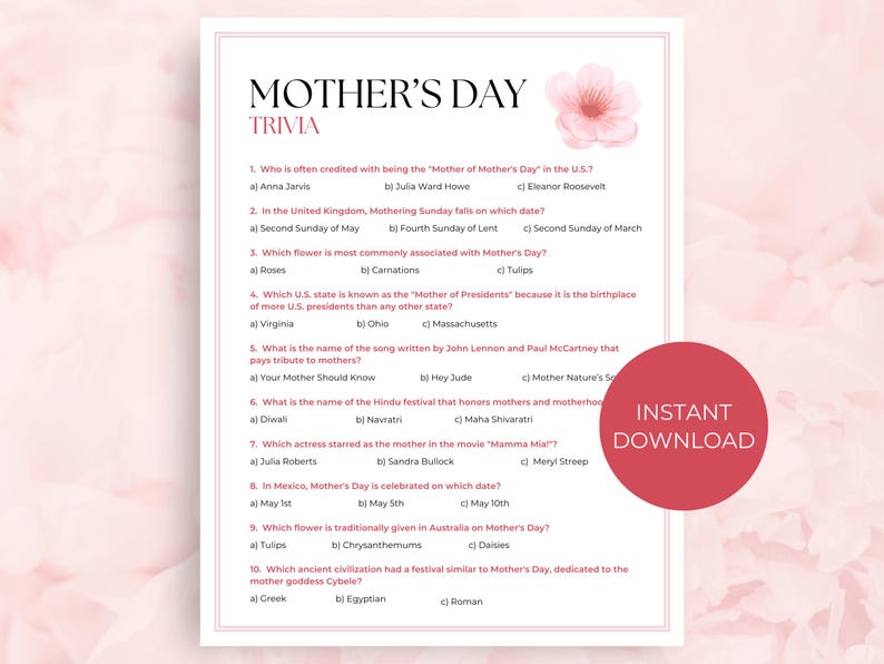 Mother's Day Trivia Game, Printable Mom Trivia, Fun Mother's Day ...
