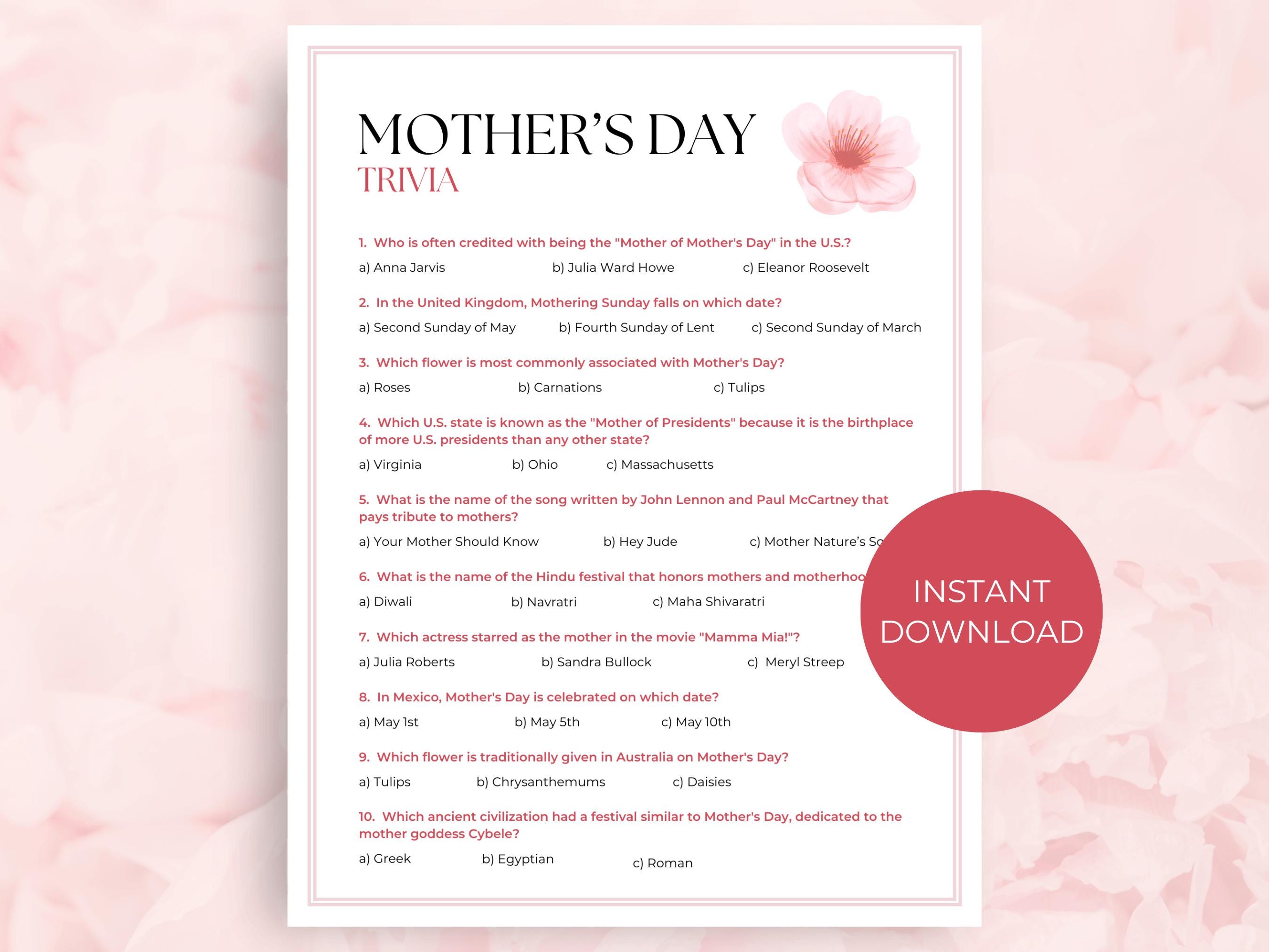 Mother's Day Trivia Game, Printable Mom Trivia, Fun Mother's Day ...