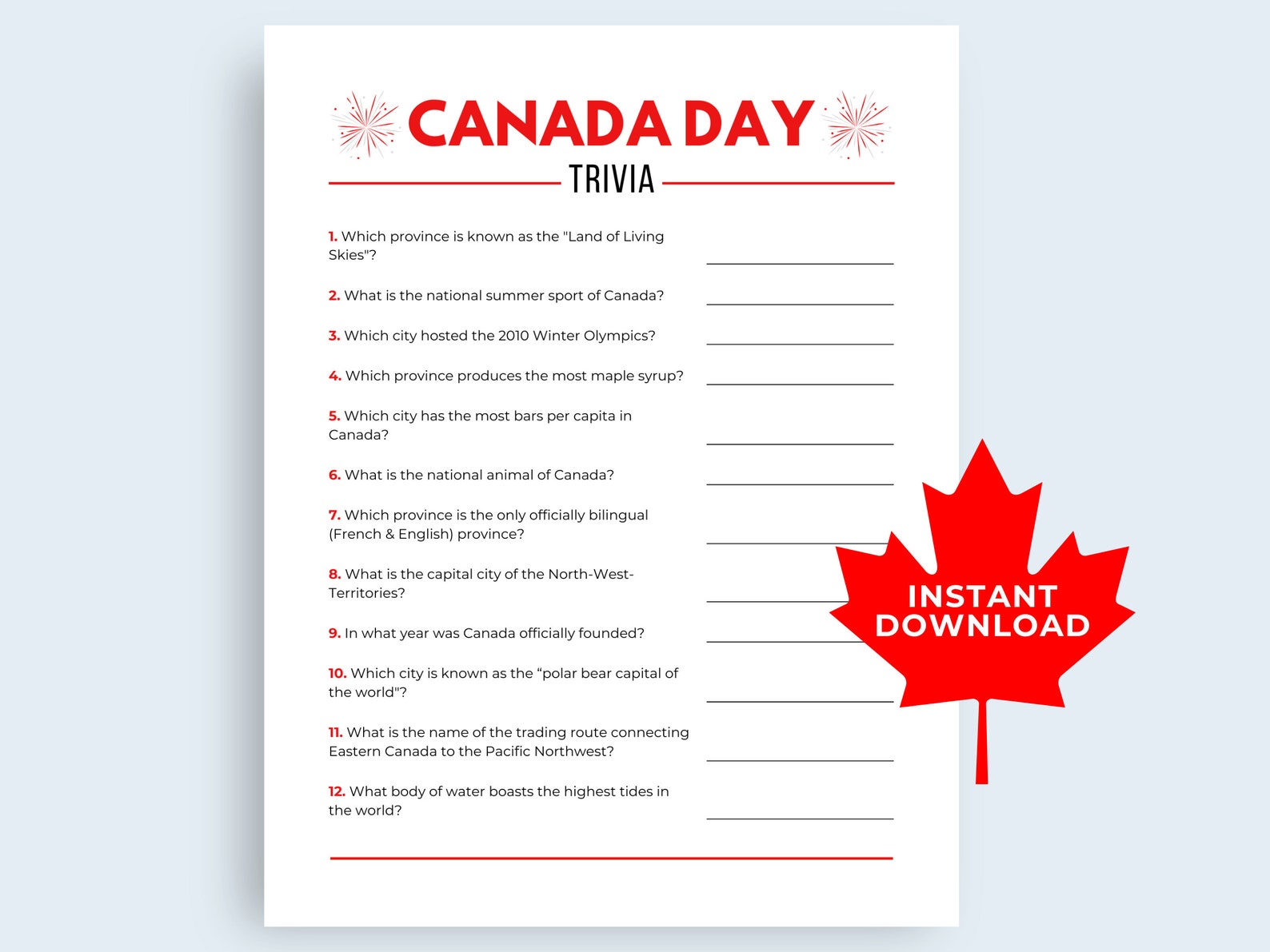 Canada Day Trivia Game, Printable Canada Day Activity for Kids and ...