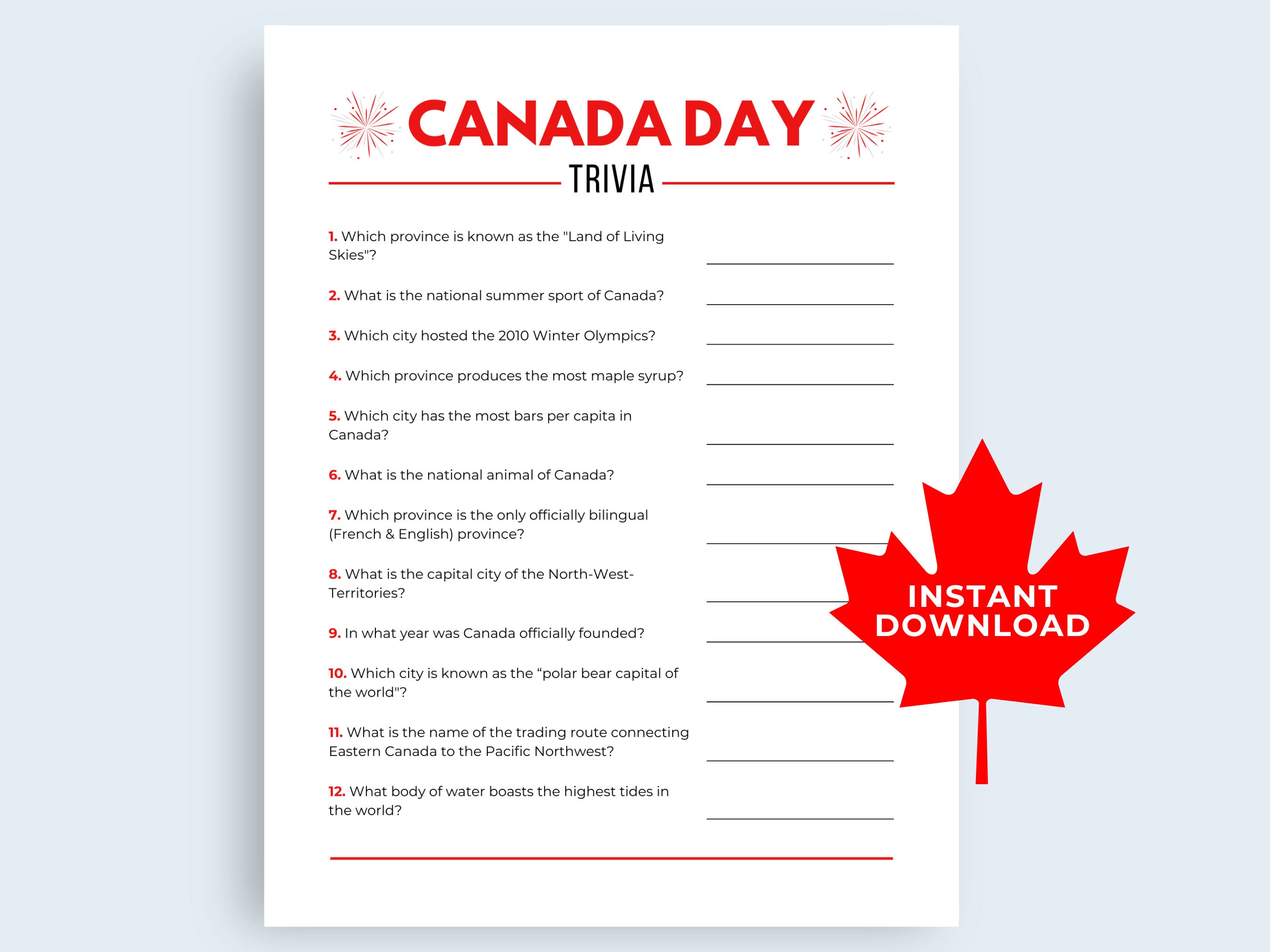 Canada Day Trivia Game, Printable Canada Day Activity for Kids and ...