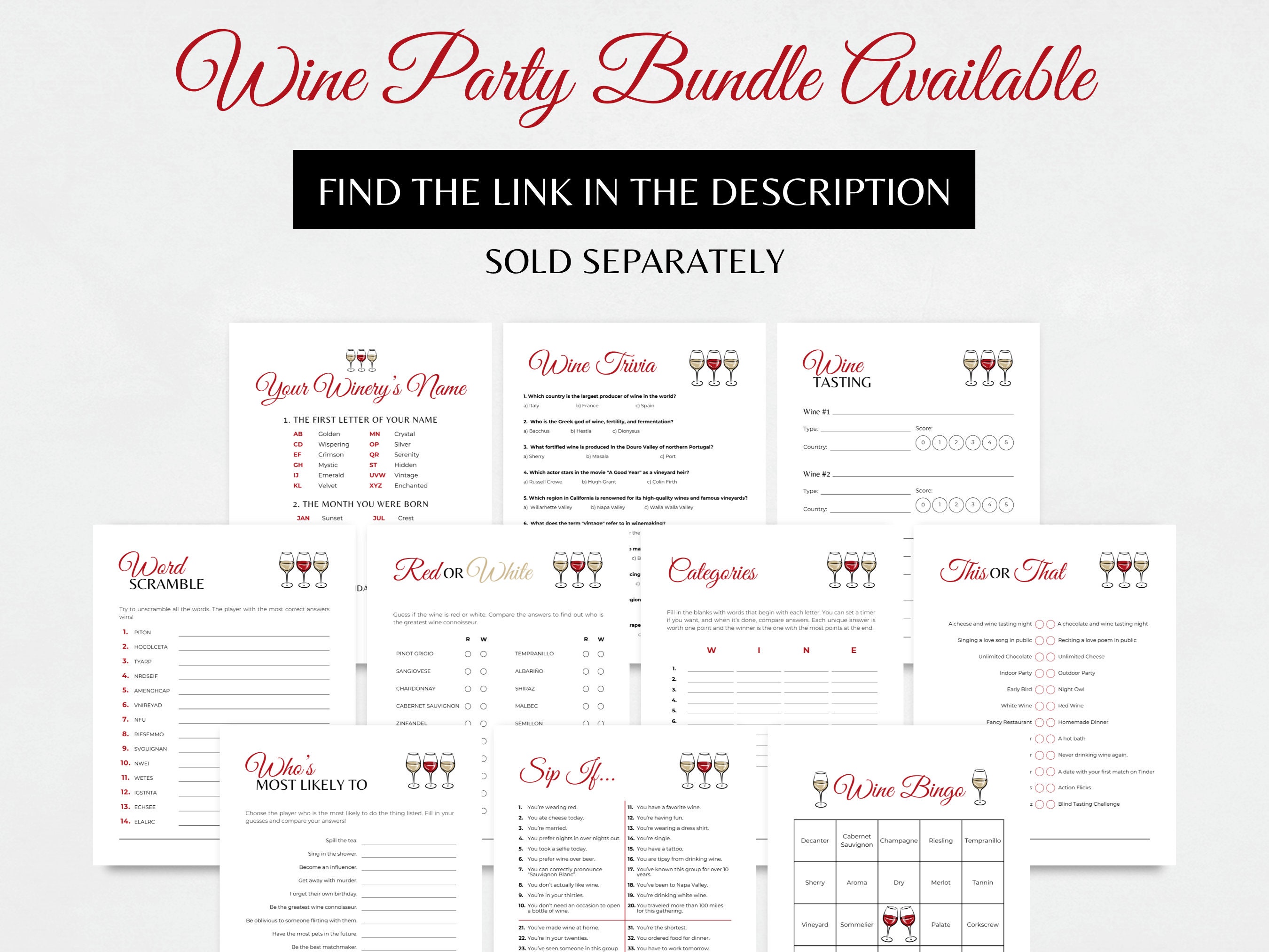 Wine Bingo, 30 Unique Wine Bingo Cards, Printable Wine Party Game, Fun ...