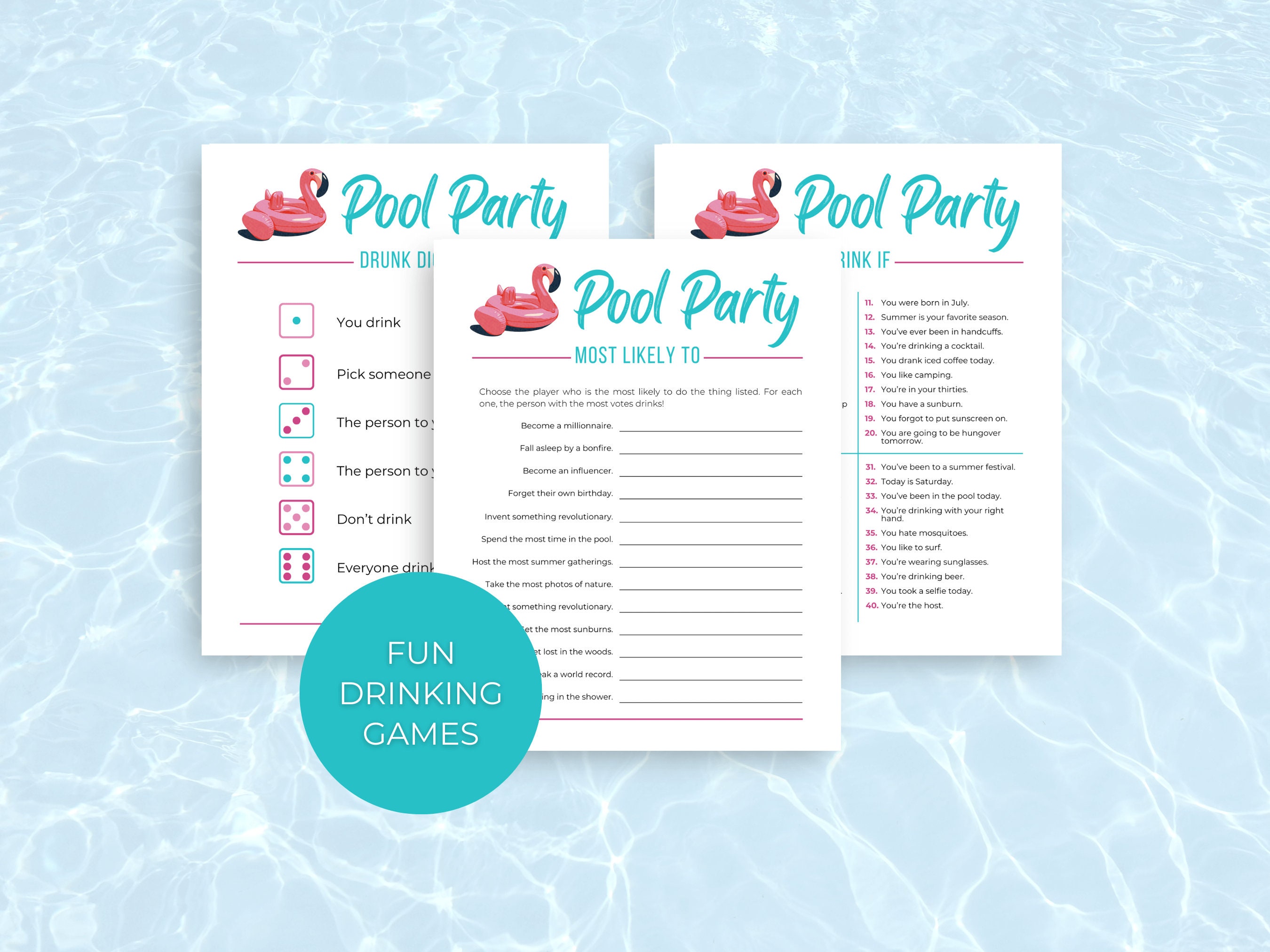 Pool Party Games for Adults, 5 Printable Summer Party Games, Pool Party ...
