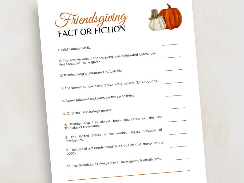 Friendsgiving Fact or Fiction Game, Printable Thankgiving Trivia Game ...