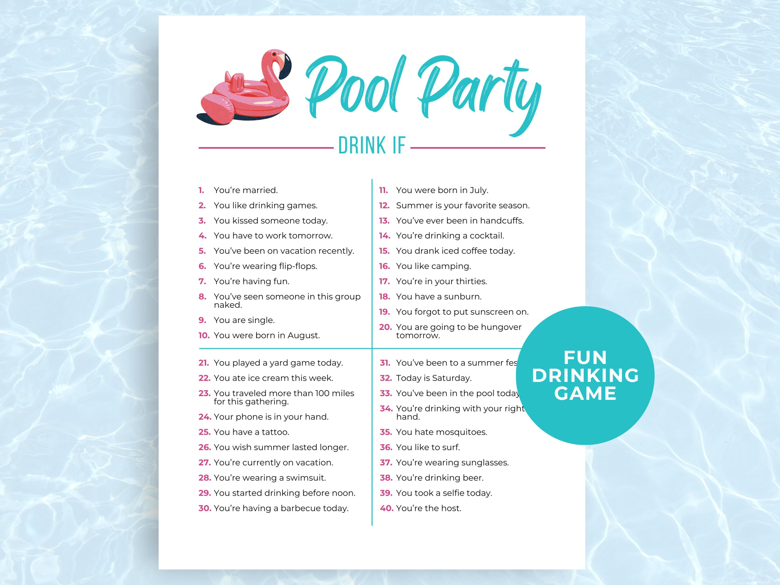 Pool Party Drinking Games for Adults, Printable Drink If & Drunk Dice ...