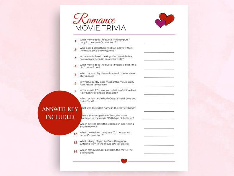 Romance Movie Trivia Game, Printable Valentine's Day Movie Trivia Quiz ...