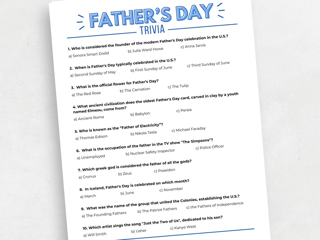 Father's Day Trivia Game, Printable Father's Day Activity, Father's Day ...