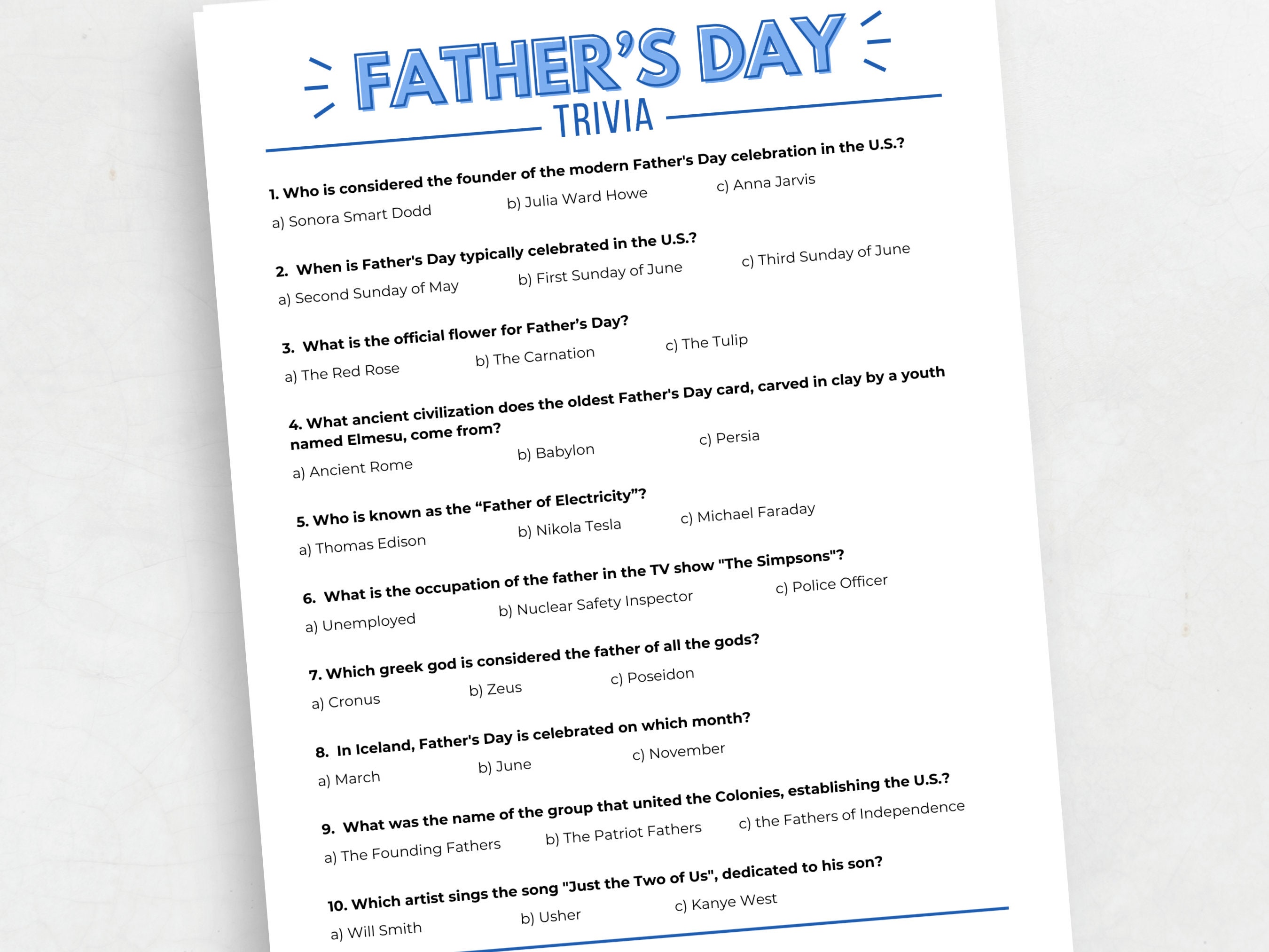 Father's Day Trivia Game, Printable Father's Day Activity, Father's Day ...