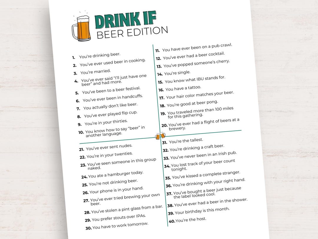 Beer Drinking Game, Printable Drink If Beer Themed Party Game, Adult ...