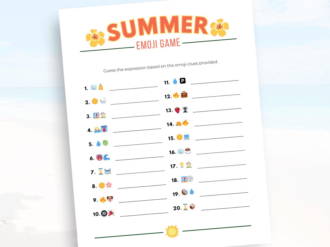 Summer Emoji Game, Printable Summer Emoji Trivia Game for Kids and ...