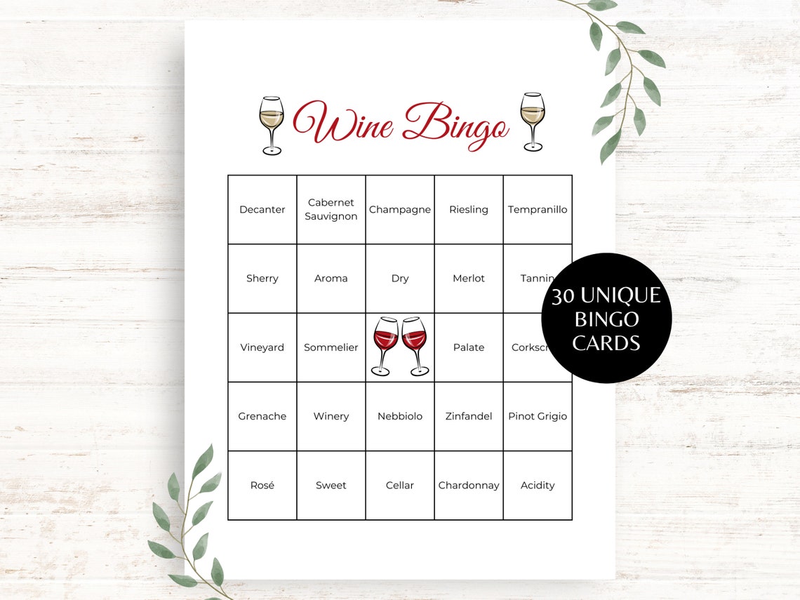 Wine Bingo, 30 Unique Wine Bingo Cards, Printable Wine Party Game, Fun ...