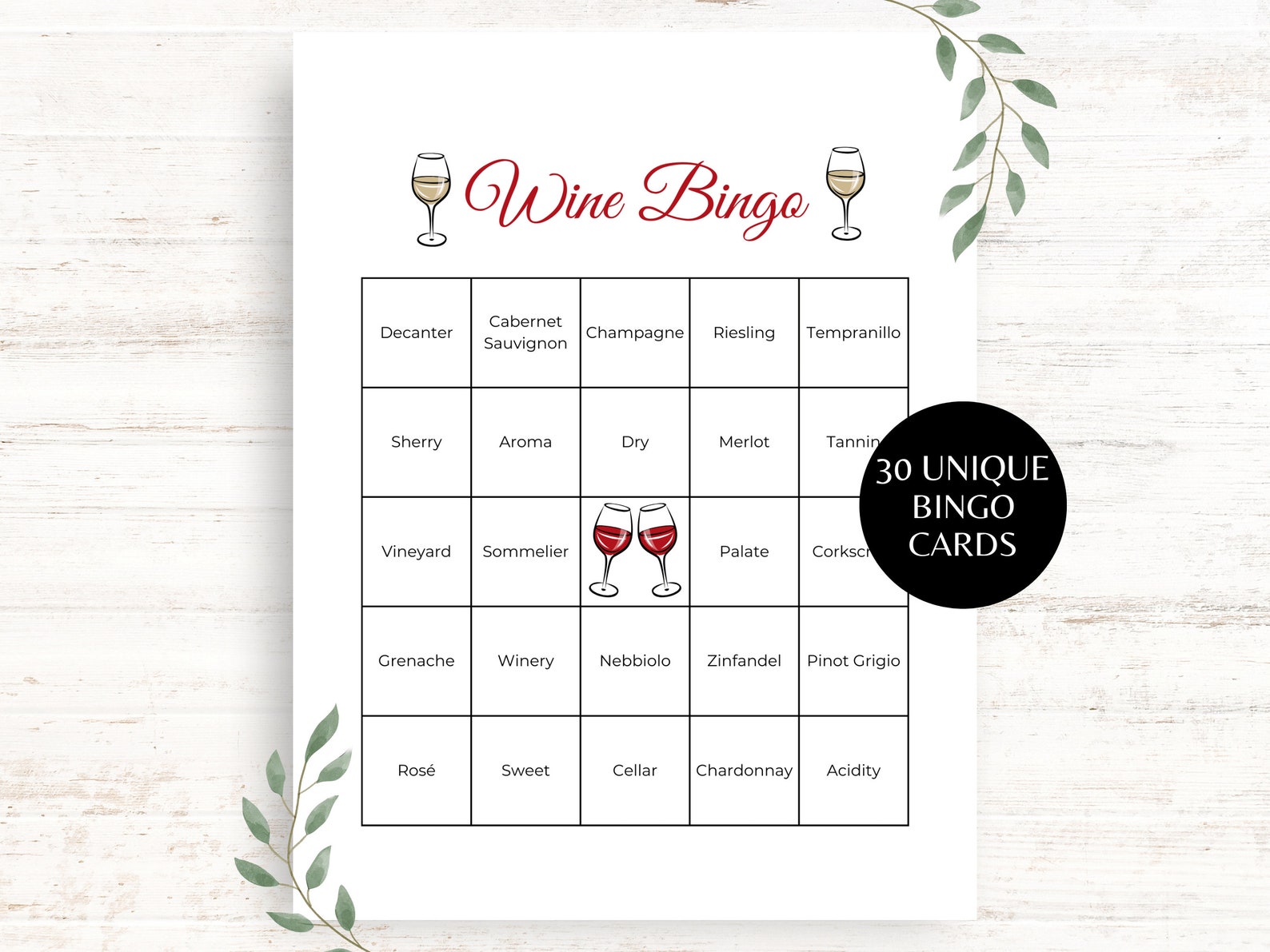 Wine Bingo, 30 Unique Wine Bingo Cards, Printable Wine Party Game, Fun ...