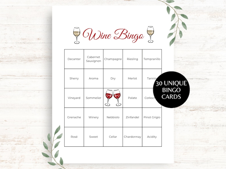 Wine Bingo, 30 Unique Wine Bingo Cards, Printable Wine Party Game, Fun ...