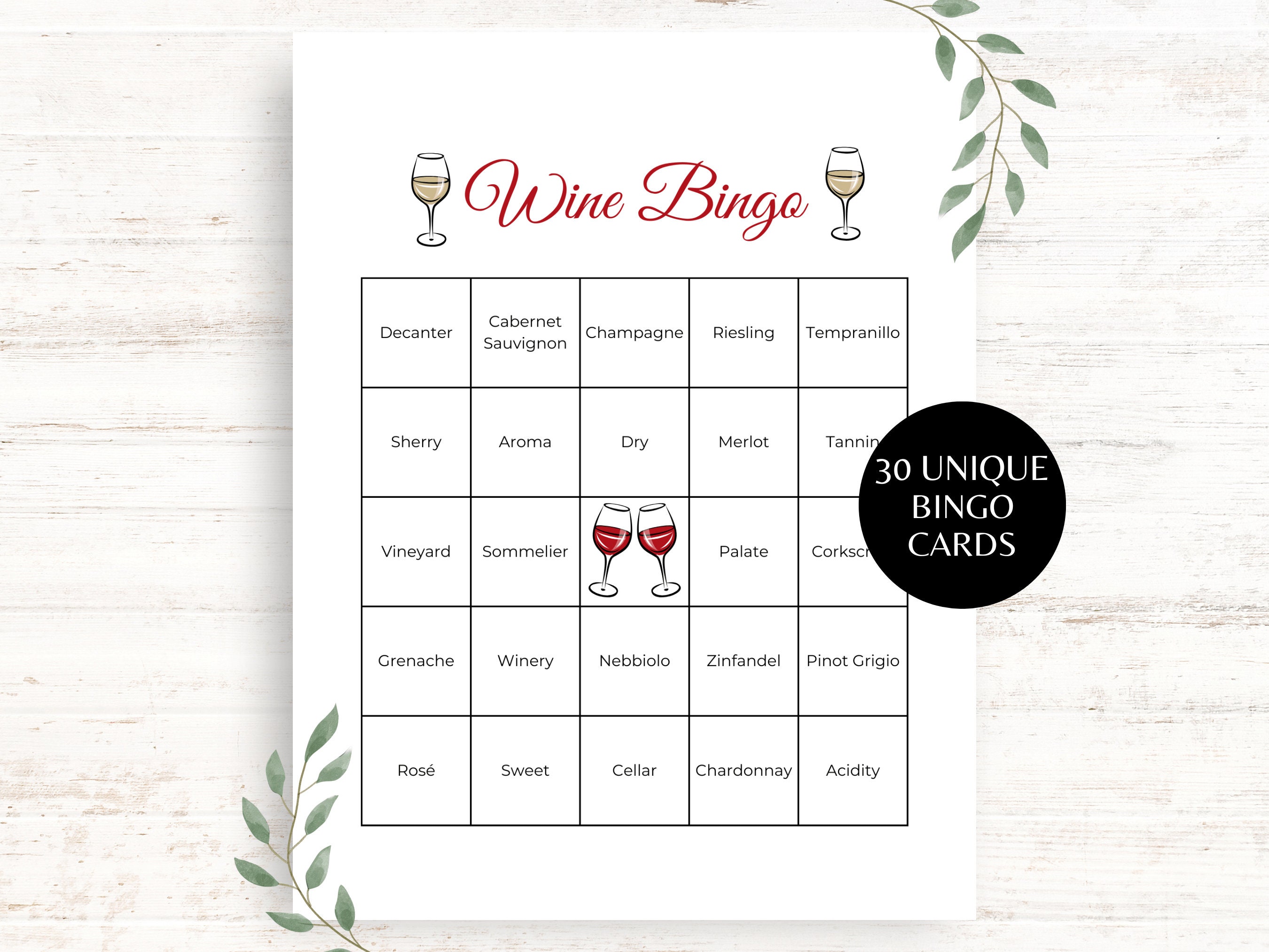 Wine Bingo, 30 Unique Wine Bingo Cards, Printable Wine Party Game, Fun ...
