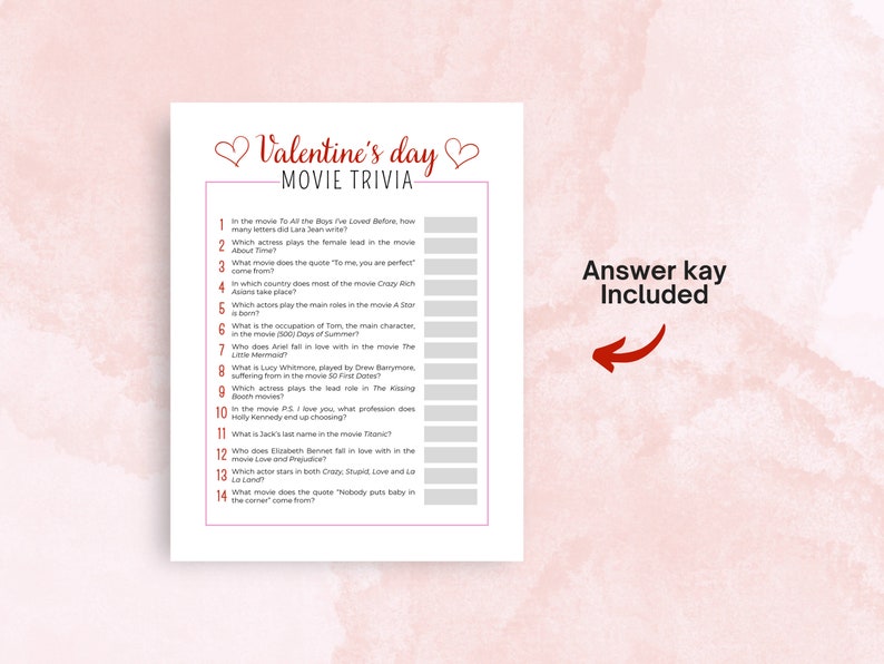 Valentine's Day Movie Trivia Game, Printable Valentine's Day Game, Fun ...